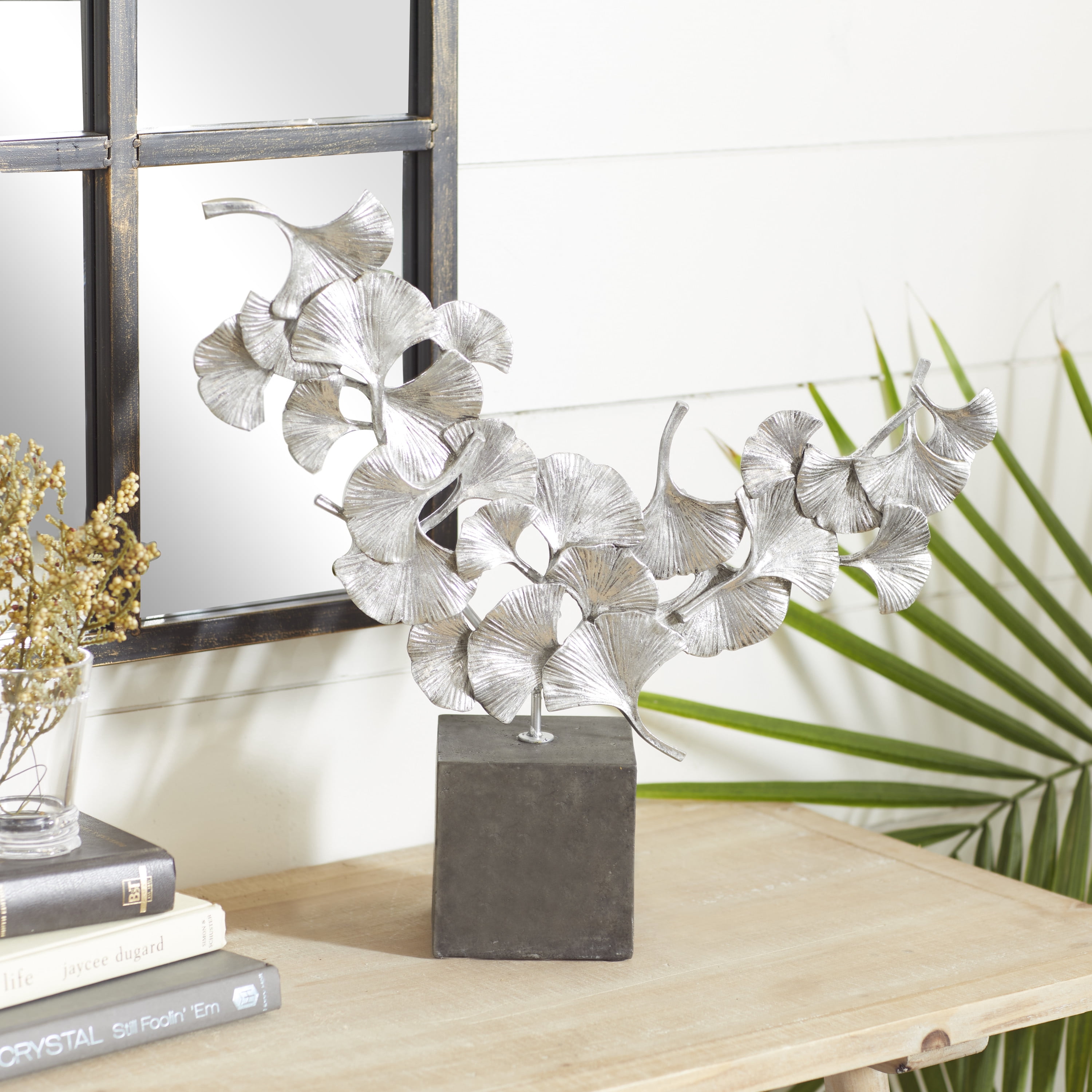 18" x 17" Silver Polystone Floral Sculpture with Black Block Base, by ...
