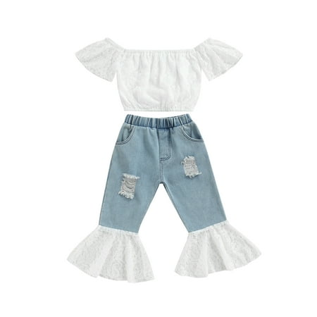 SAYOO Off-the-shoulder Solid Color Lace Pullover + Ripped Patchwork ...