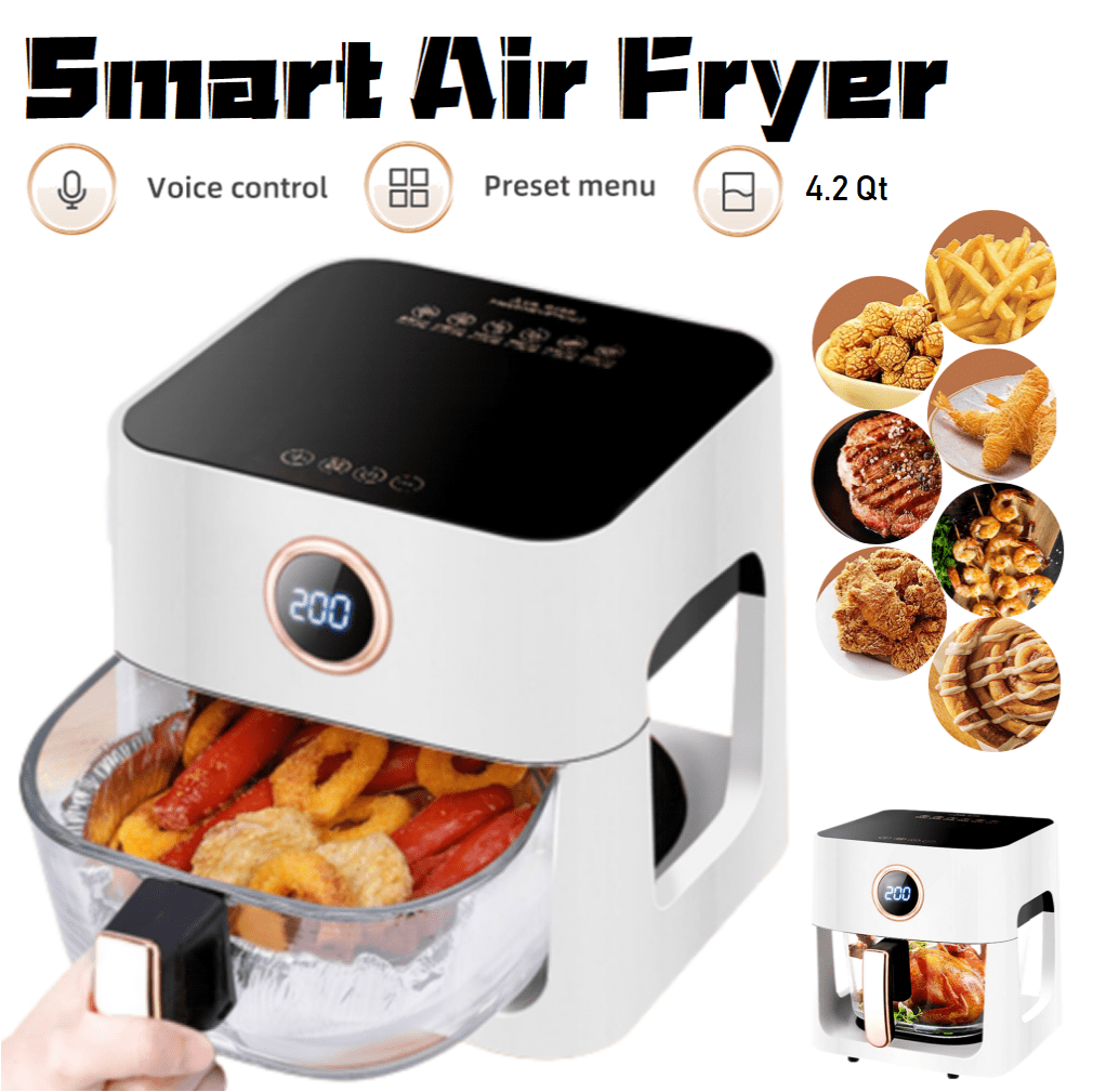 Wobythan Air Fryer 4.2 Quart White Deep Air Fryer With Voice Control ...