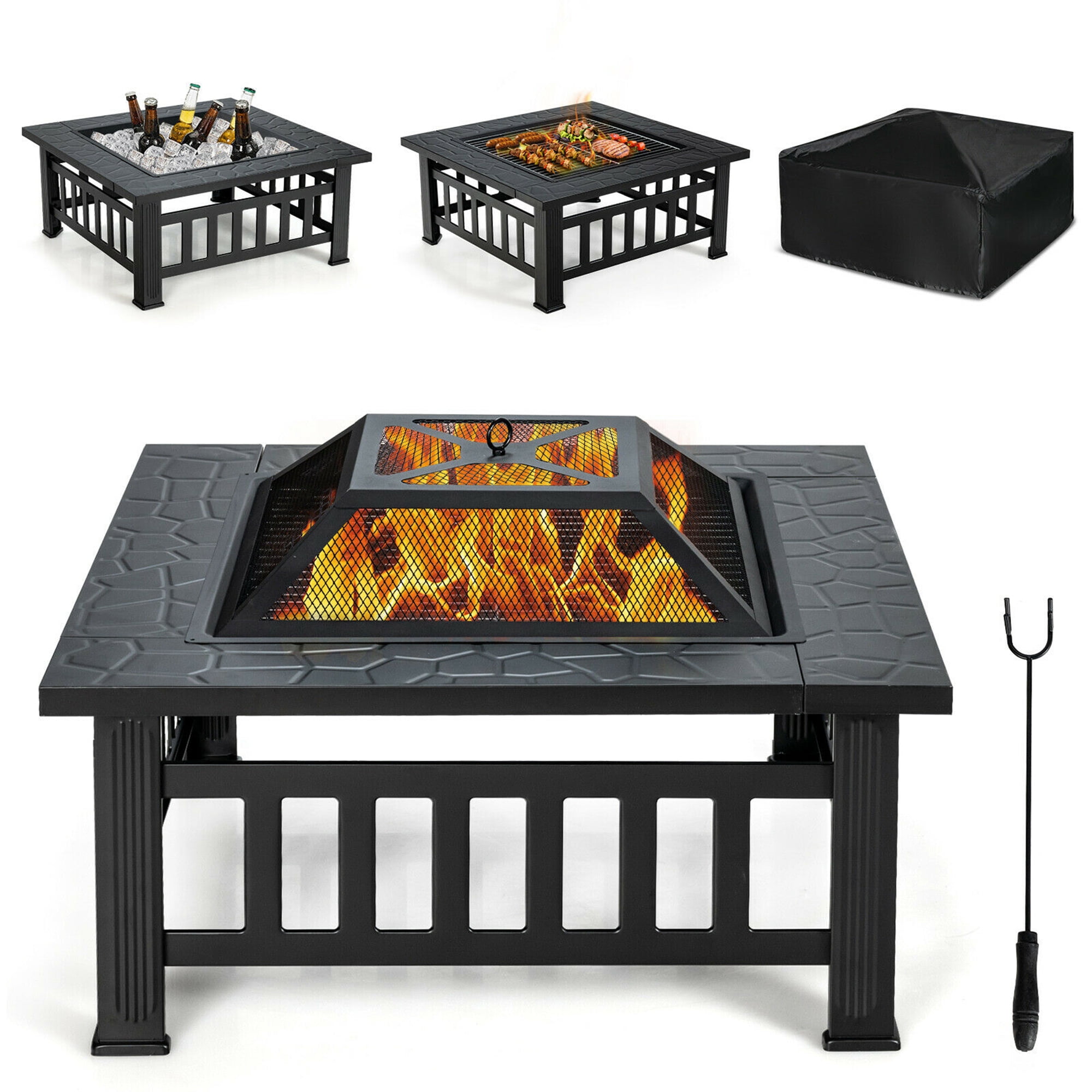 Gymax 32 3 In 1 Outdoor Square Fire Pit Table W/ Bbq Grill  Rain Cover For Camping