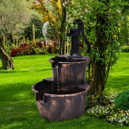 Gymax 2 Tier Barrel Waterfall Fountain Barrel Water Fountain Pump ...