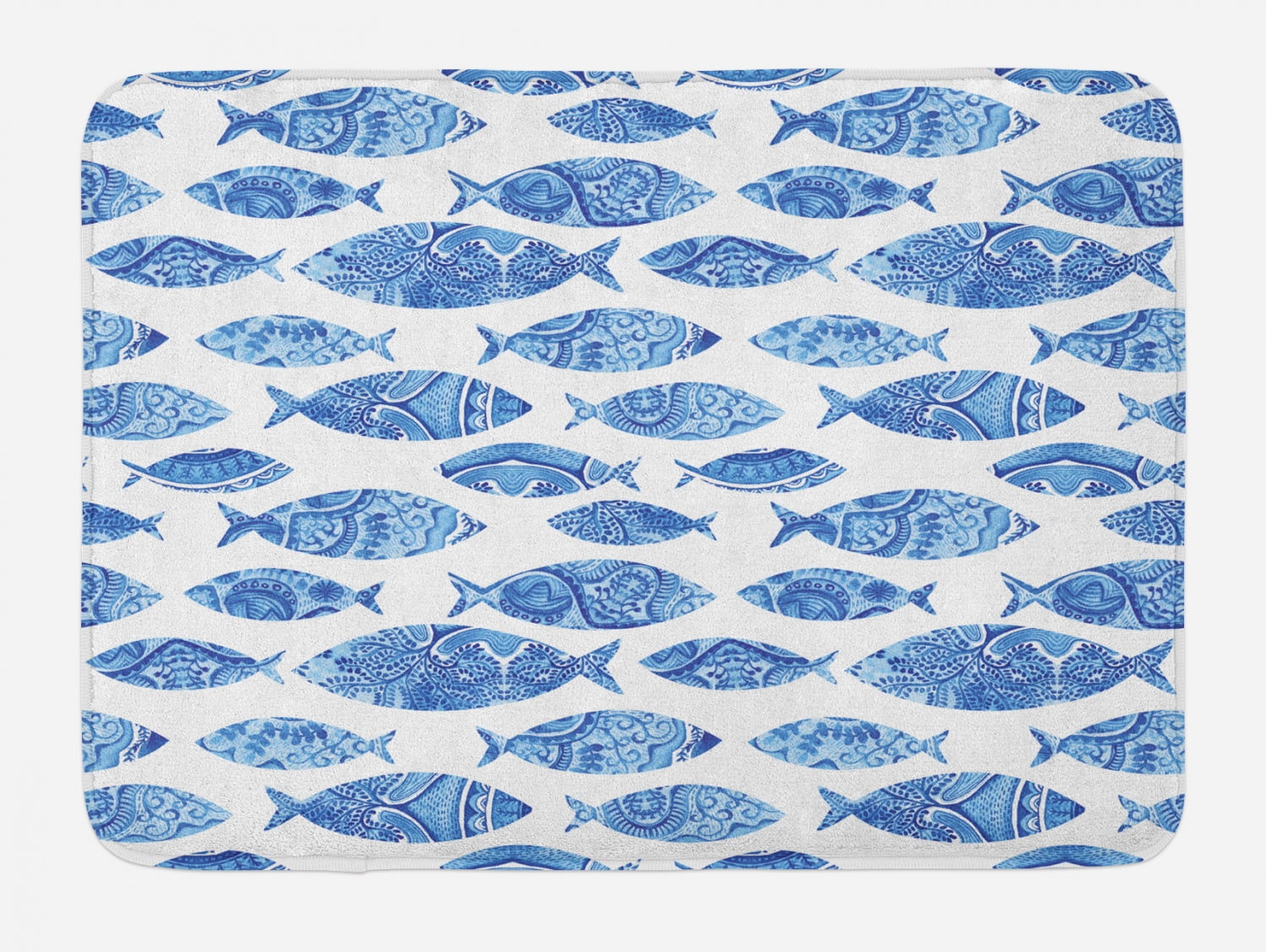 Blue Bath Mat, Fish Sea Animal Figures with Ancient Ottoman Ornate ...