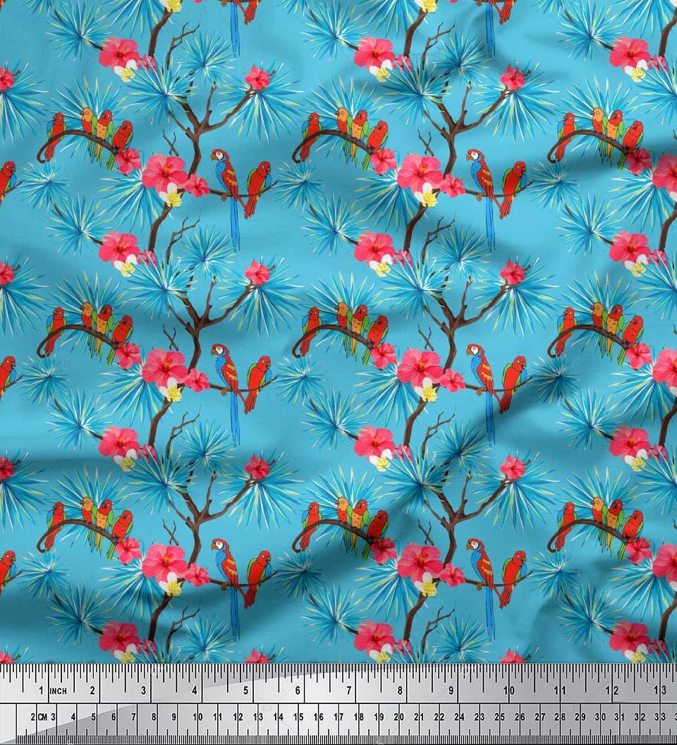 Soimoi Velvet Fabric Leaves,Floral & Macaw Parrot Bird Fabric Prints by ...
