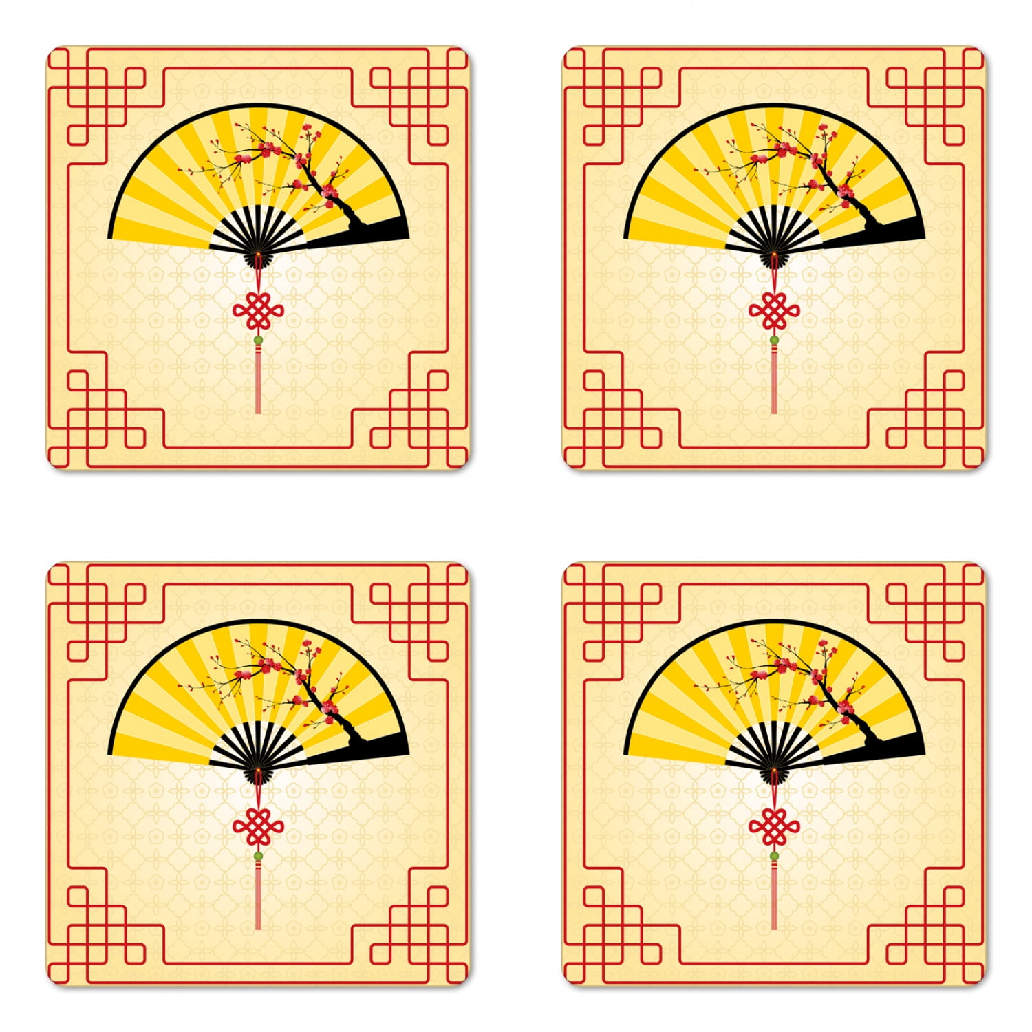 Asian Coaster Set of 4, Japanese Culture Hand Fan with Cherry Blossom ...