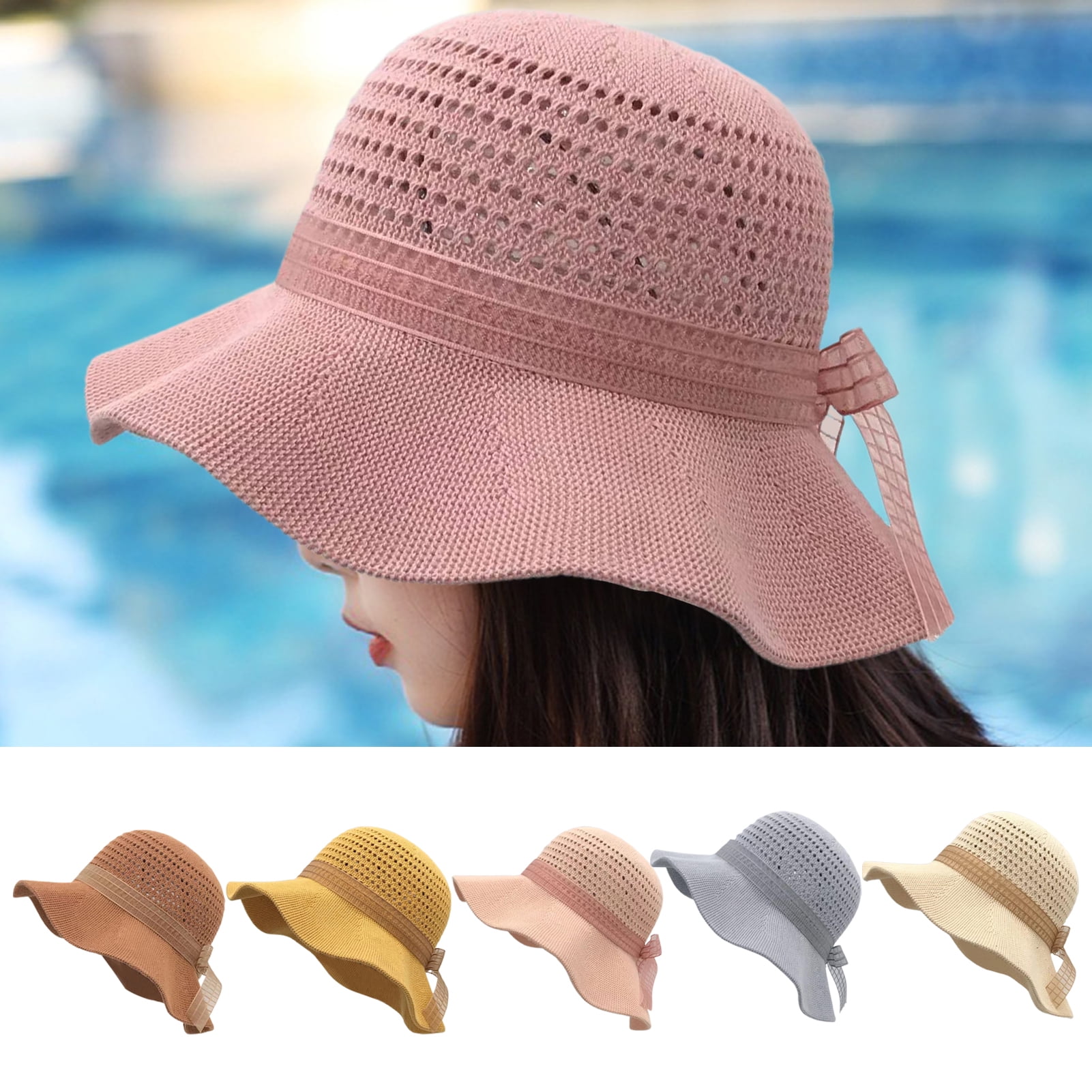Skinada Outdoor Sun Hat Wide Brim Hollow Cap for Women Folding Bow ...