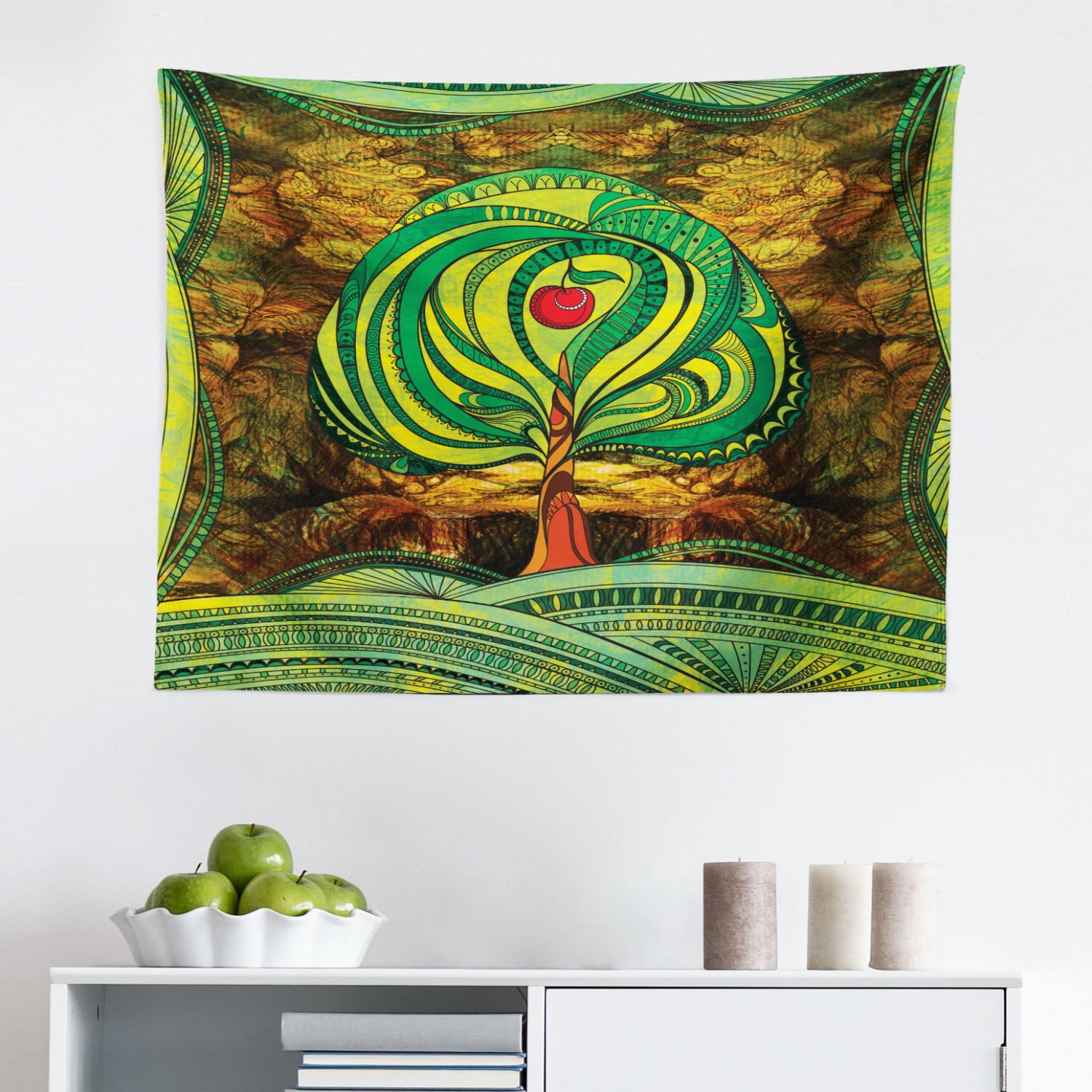 Trippy Tapestry, Indie Style Sketchy Retro Tree with Flower Forms on ...