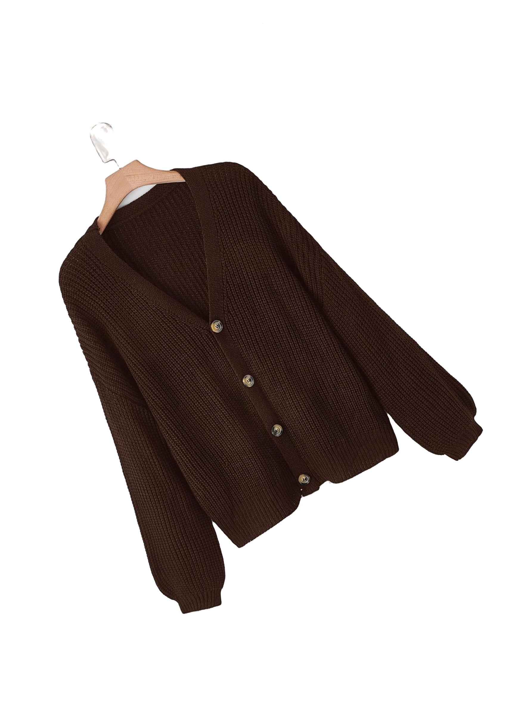 Casual Plain V neck Cardigan Long Sleeve Chocolate Brown Plus Size ...