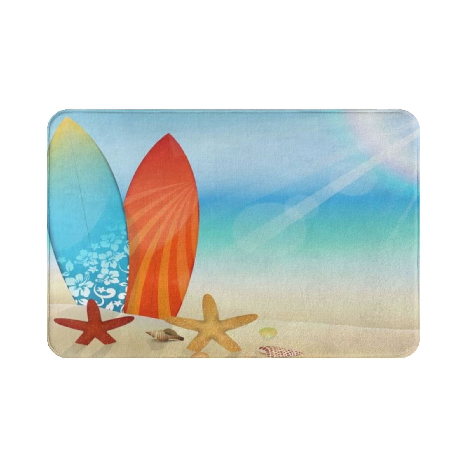 Sunrise Beach with Surfboard and Clam Shells Cute Bathroom Rugs Non ...