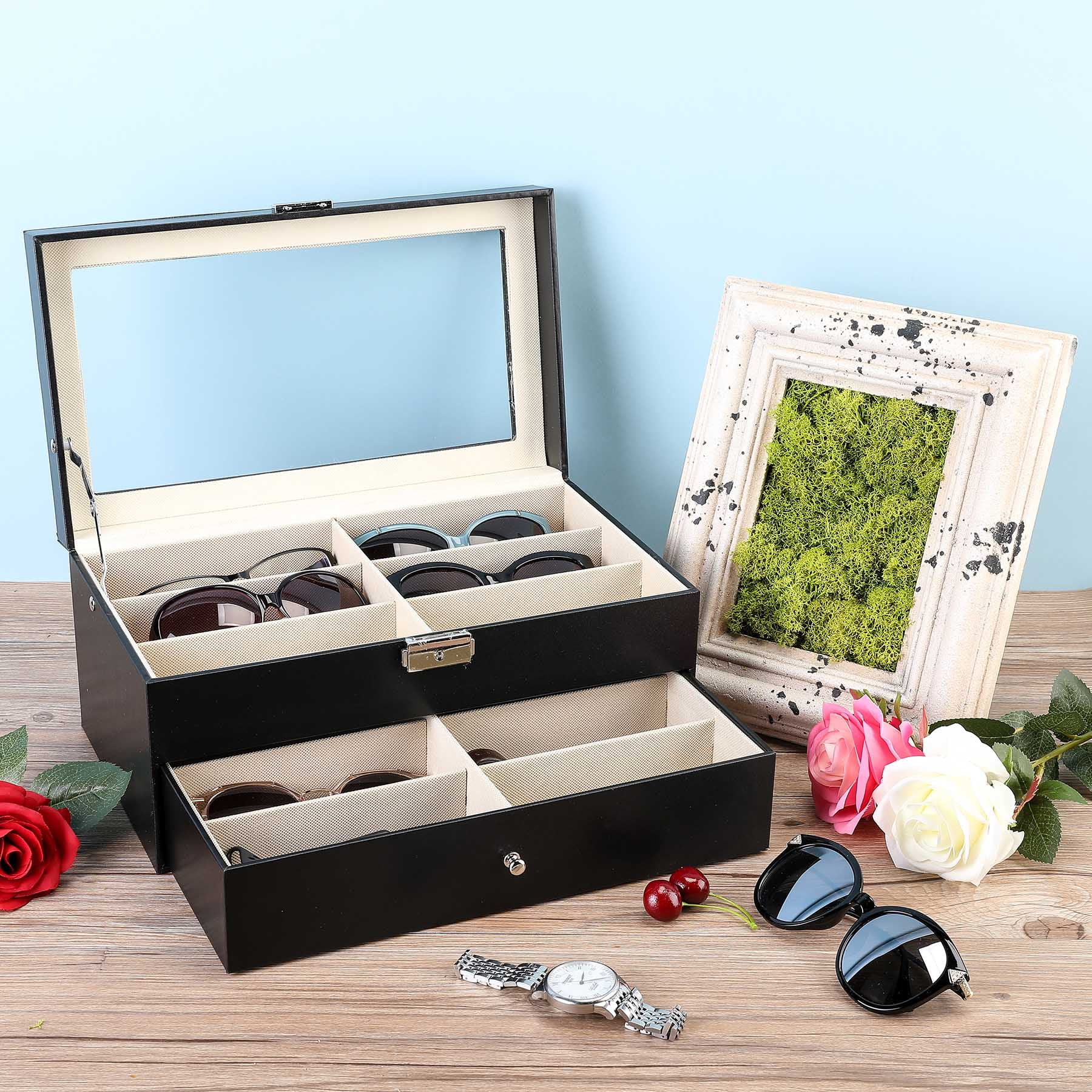Leatherette Sunglasses Storage Box Eyeglasses Eyewear Organizer Display ...