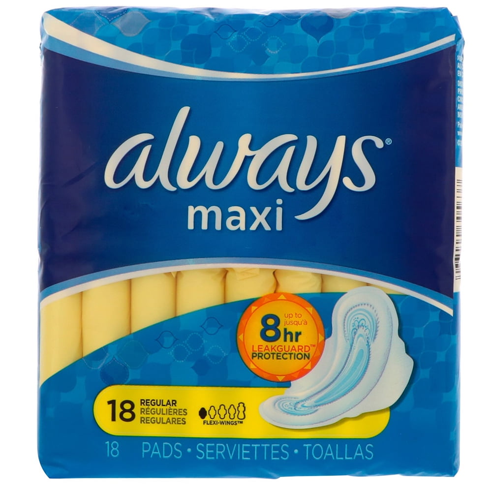 Always Maxi Unscented Pads with Wings, Size 1 Regular, 18 Count ...