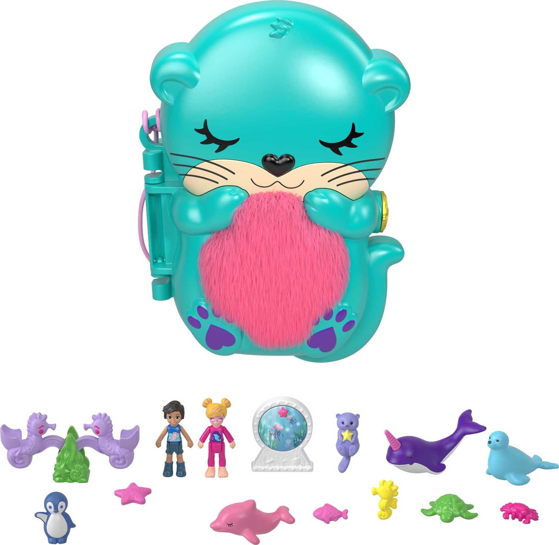 Polly Pocket Otter Aquarium Compact, 2 Micro Dolls, 5 Reveals, 12 ...