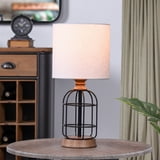 Mainstays Black Metal Cage Table Lamp with Wood Accents and Drum Shade ...