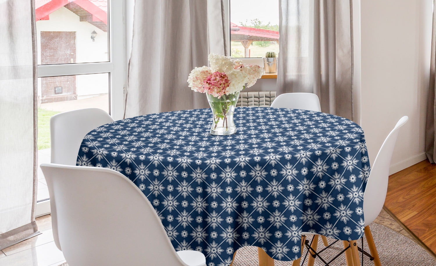 Blue Round Tablecloth, Checkered Pattern with Abstract Spring Blossoms ...