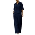 Pounoo Linen Sets for Women 2 Piece Collared Split Neck Cropped Top ...