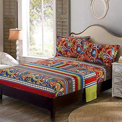 Wajade 4 Piece Bohemian Sheets Set 100% Cotton Boho Bed Sheets 16" Deep ...