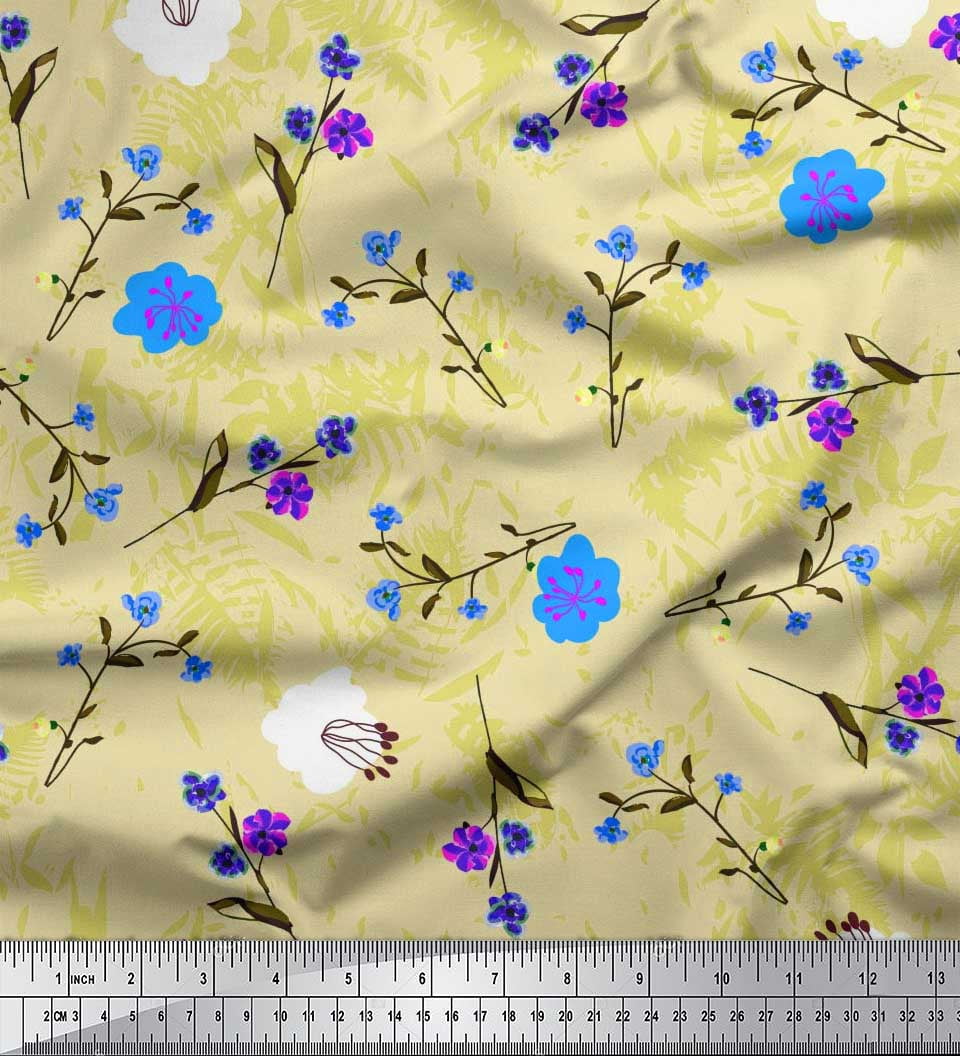 Soimoi Yellow Rayon Fabric Leaves & Floral Artistic Print Fabric by the ...