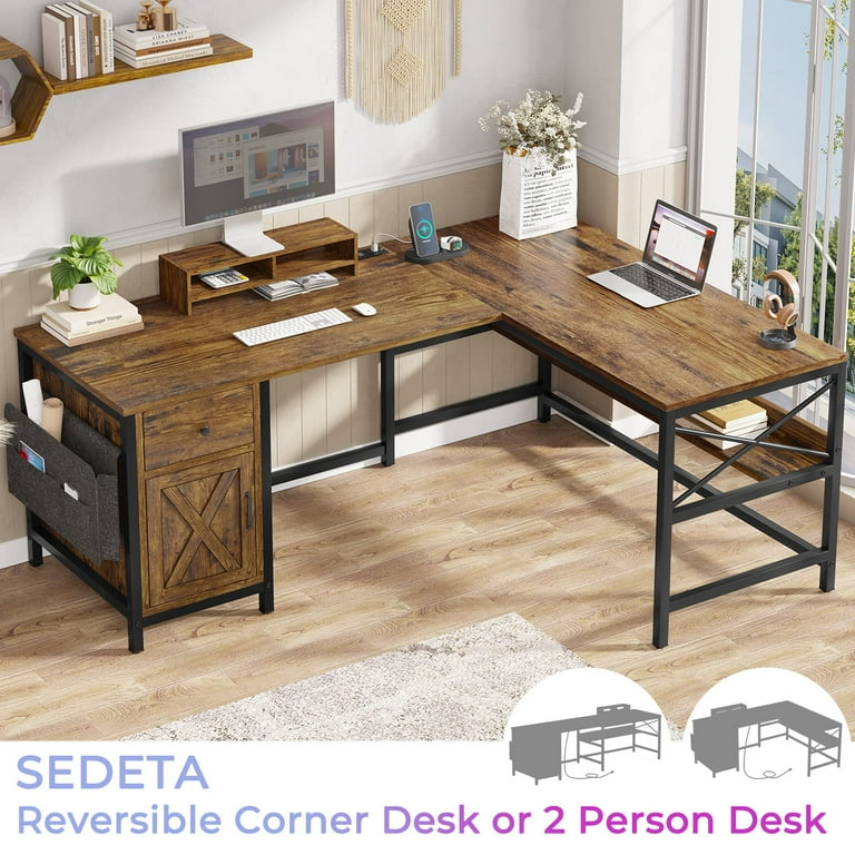 SEDETA Afuhokles 63 Reversible L Desk with Drawer Power Strip Storage Cabinet Rustic Brown Walmart