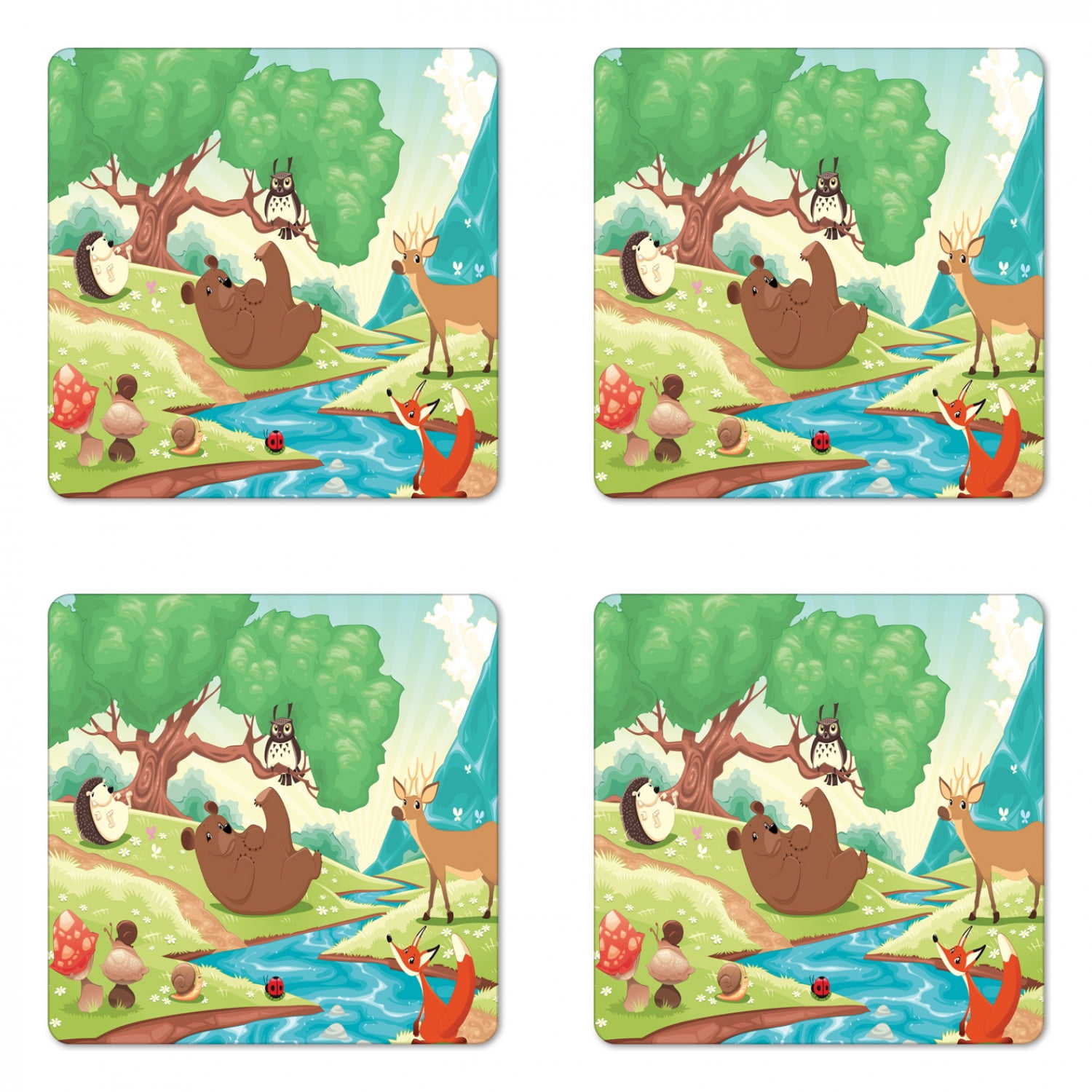 Hedgehog Coaster Set of 4, Cartoon Landscape and Forest Animals Ladybug ...