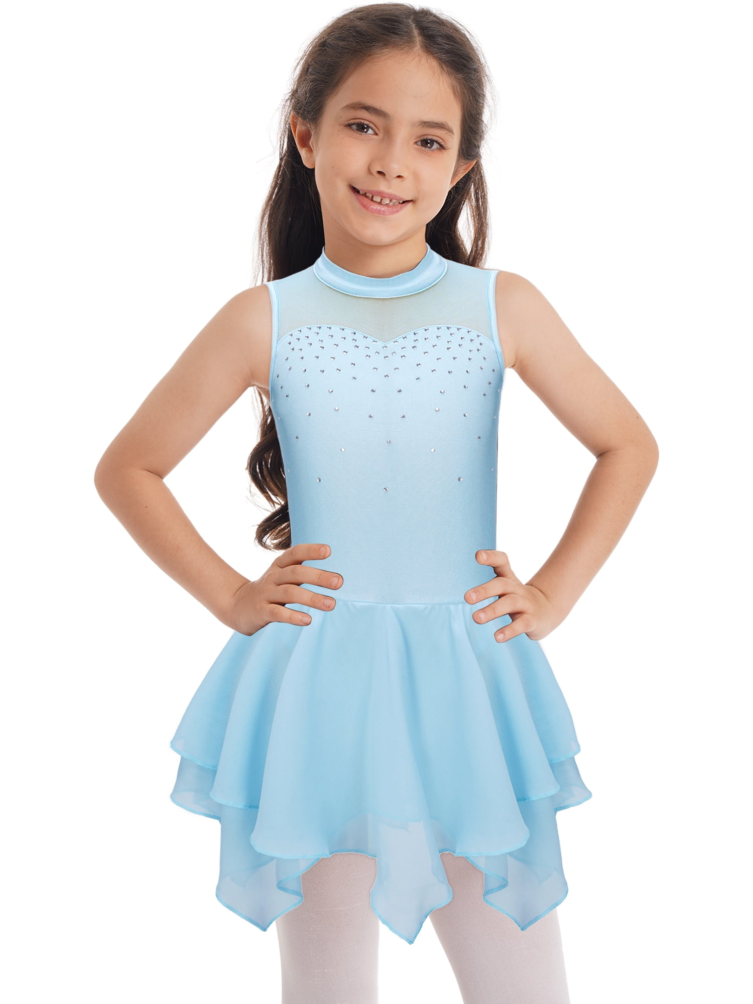 YiZYiF Kids Girls Mesh Splice Skating Dress Sleeveless Gymnastics ...
