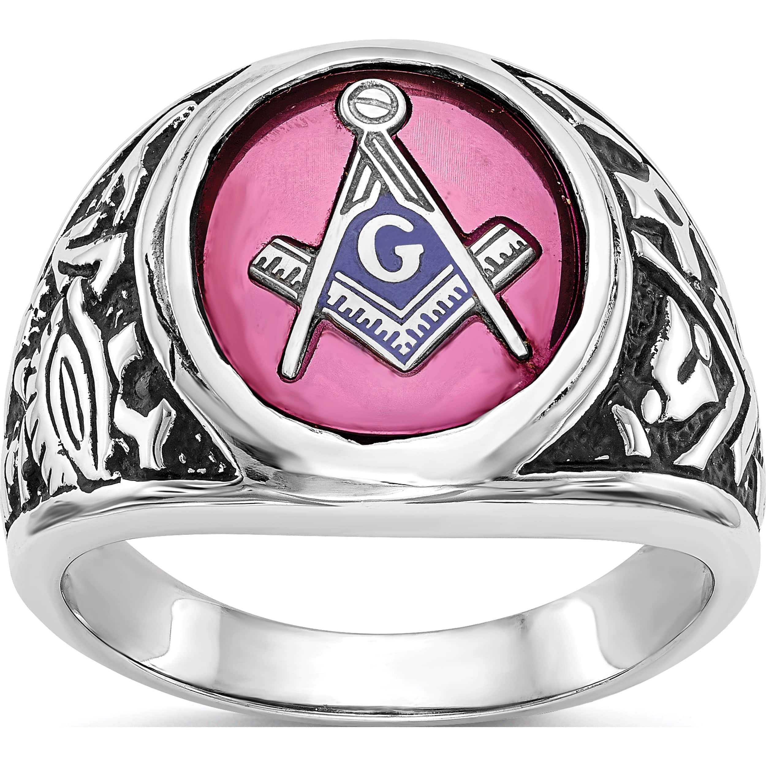 14K White Gold Men's Synthetic Ruby Masonic Ring (Size 10) Made In ...