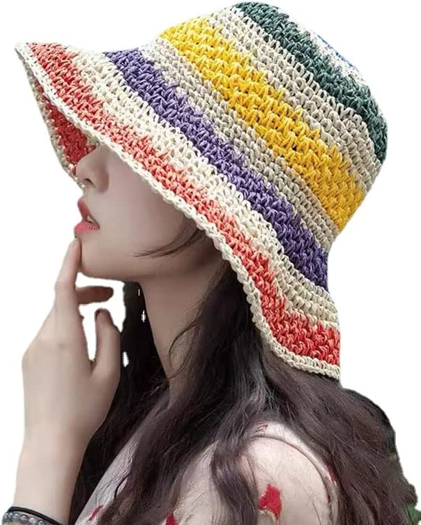 Cocopeaunts Womens Sun Hat Raffia Rainbow Girl Wide Brim Floppy Summer