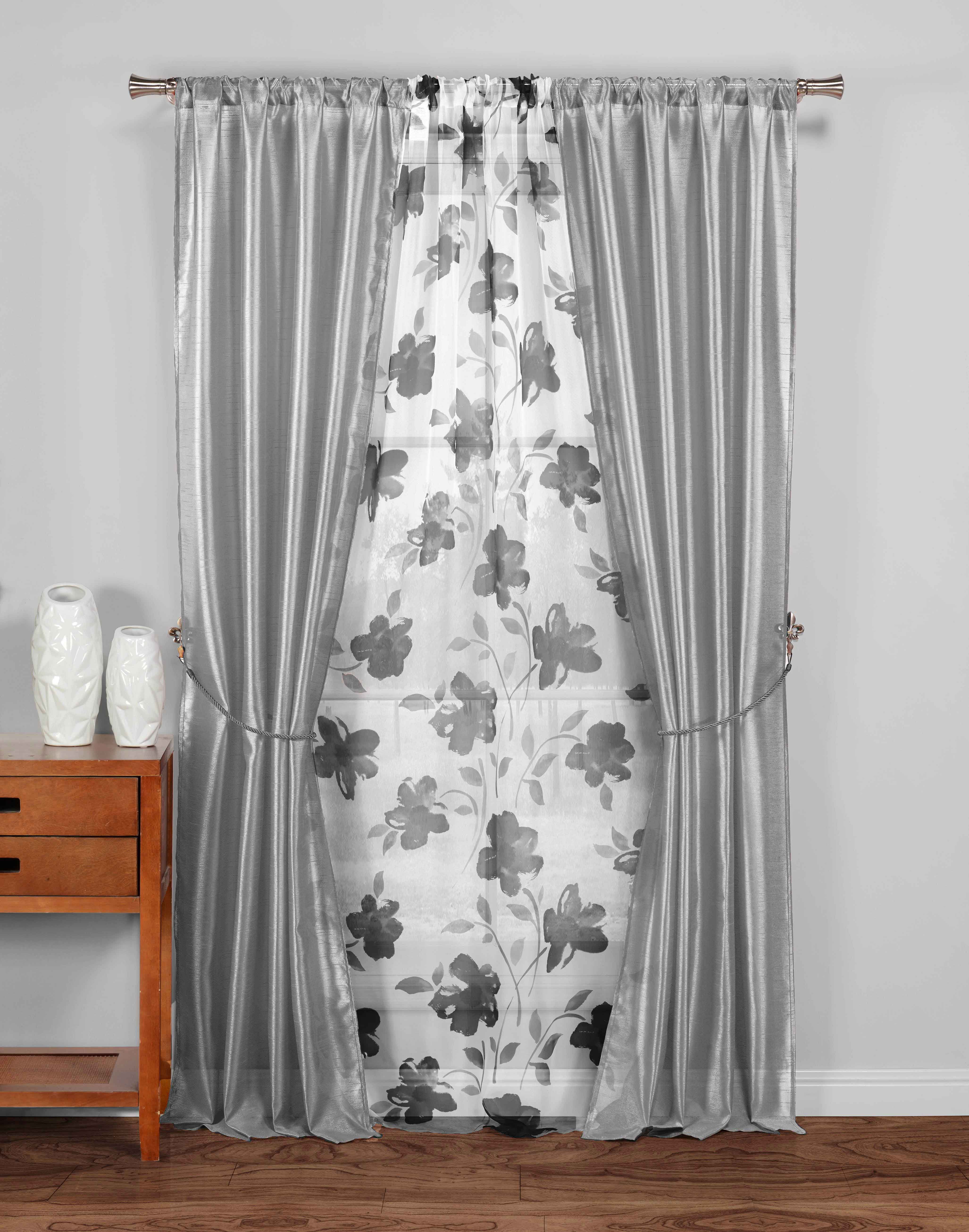 5PC Window Panel Set: Gray White Floral Design, Pole Top, Tie Backs, 84 ...