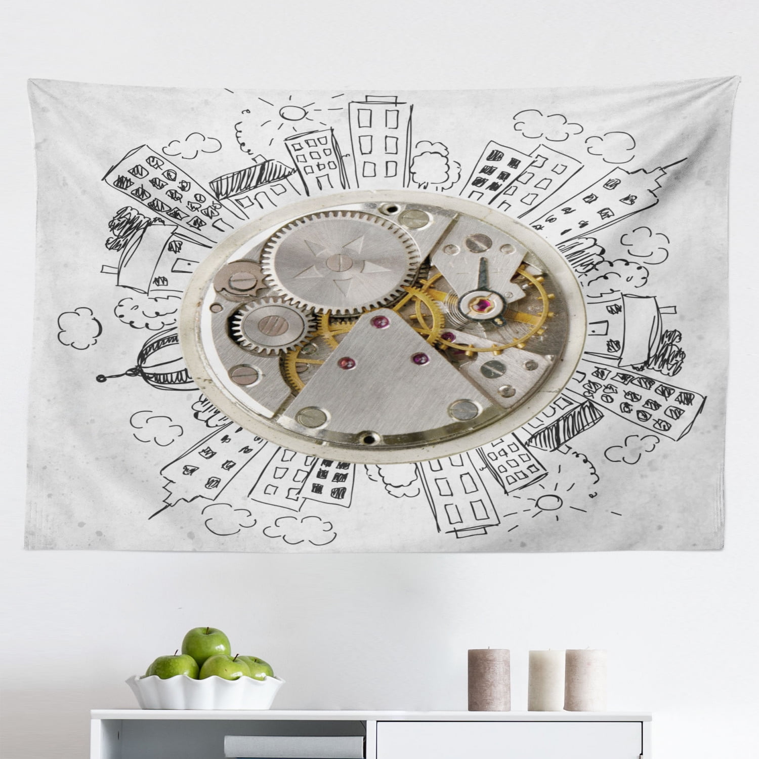 Clock Tapestry, Hand Drawn Clocks and Watches Illustration Vintage ...