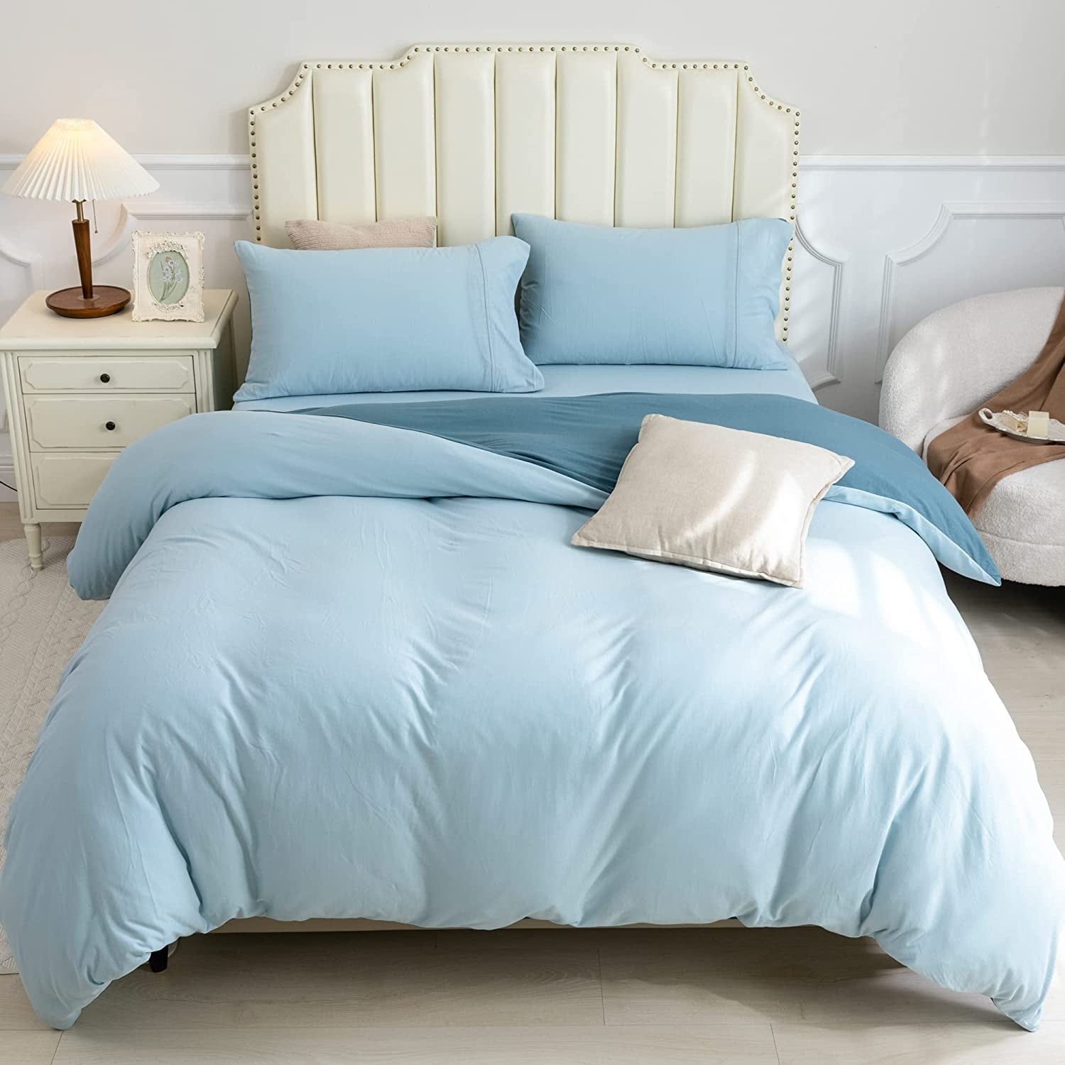 PURE ERA Reversible Jersey Knit Duvet Cover Set, Solid Cerulean Blue ...