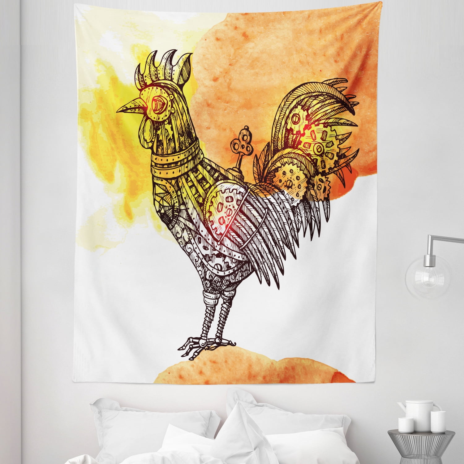 Steampunk Tapestry, Retro Illustration of Mechanical Rooster in Sketch ...