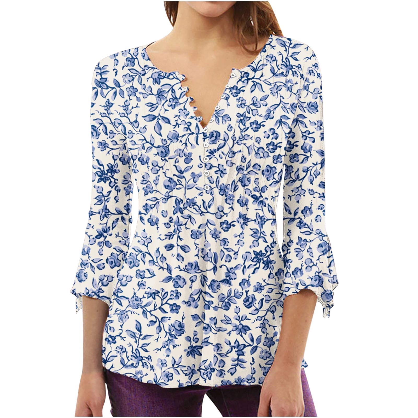 Fanxing Women Button Down V Neck Shirt Summer Floral Graphic Bell