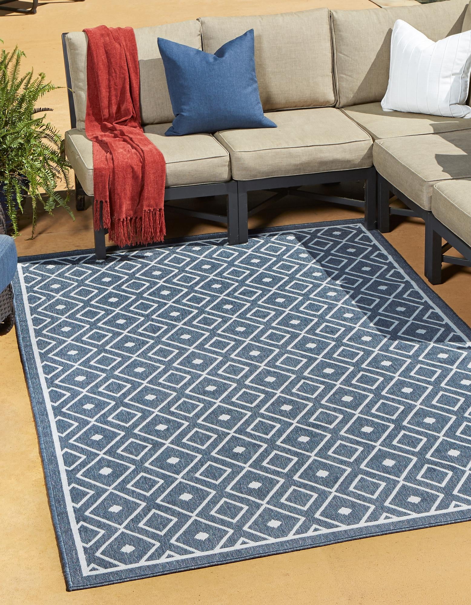 Rugs.com Outdoor Lattice Collection Rug – 8' x 10' Navy Blue Flatweave ...