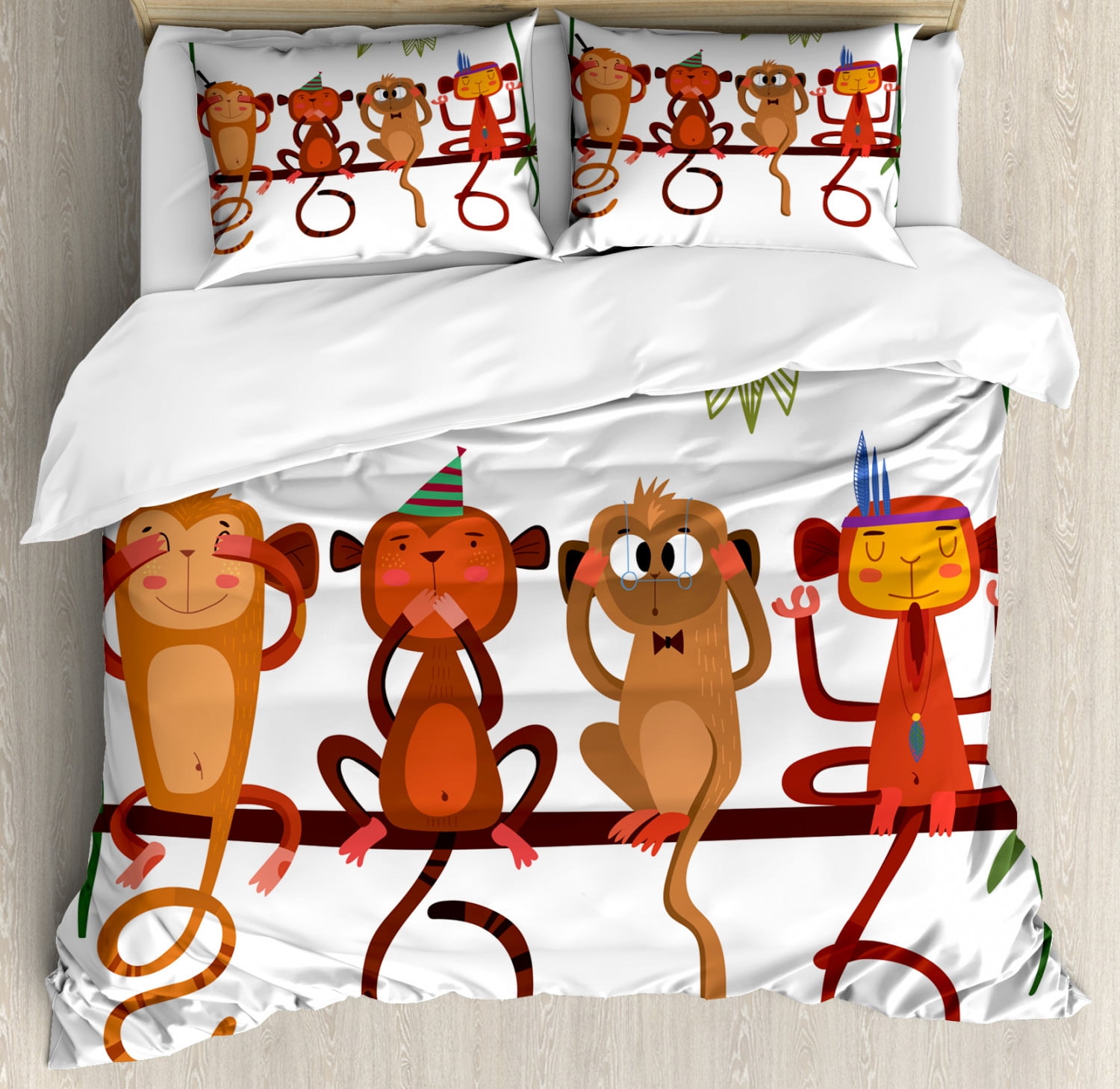 Monkey Duvet Cover Set Queen Size, Cartoon Style Illustration with ...