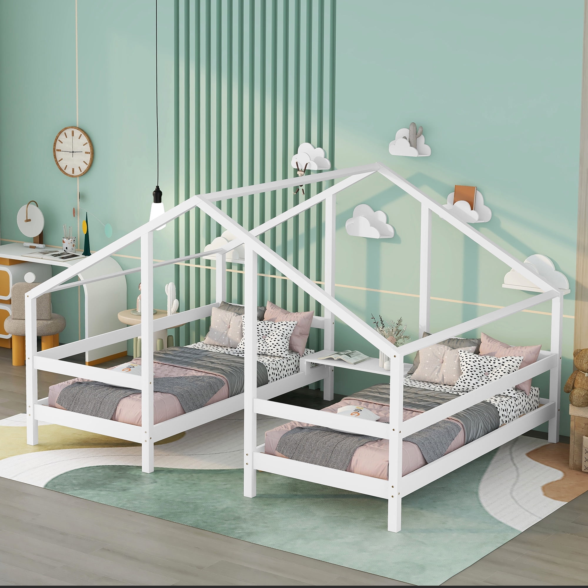Bellemave Double Twin Size House Bed, Wooden Triangular Platform Bed ...