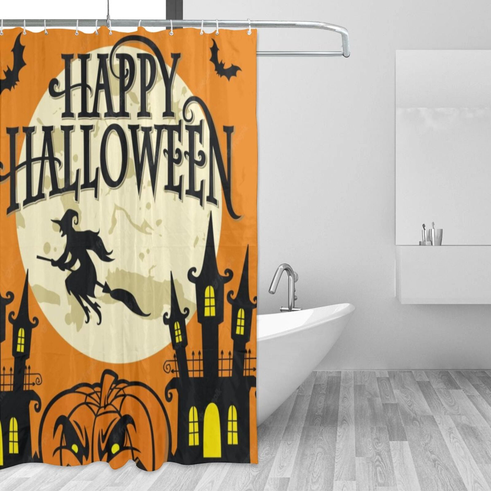 Full Moon Shower Curtain Halloween Wizard Pumpkin Castle Polyester