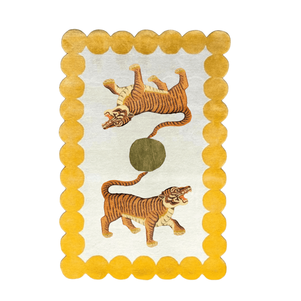 Asian Tigers and the Sun Hand on Yellow and Beige Tufted Wool Rug ...
