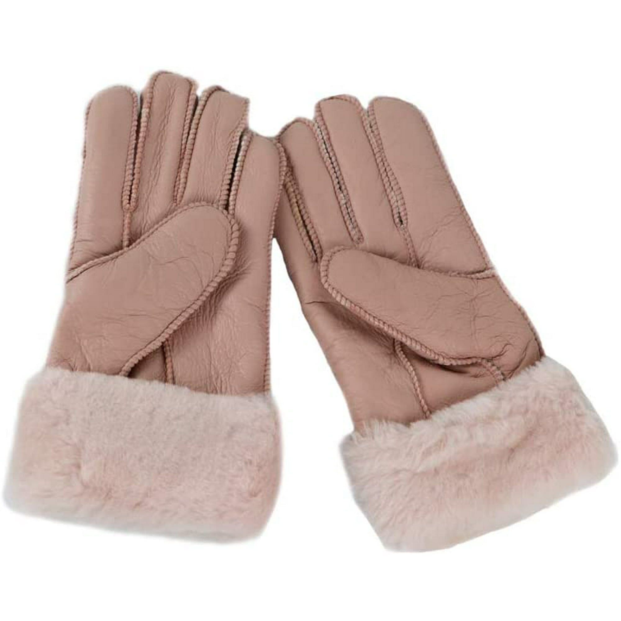 Geecy Sheepskin Gloves Winter Warm Lady Women Wool Lined Real Sheepskin Sheariing Fur Gloves Pink Pink