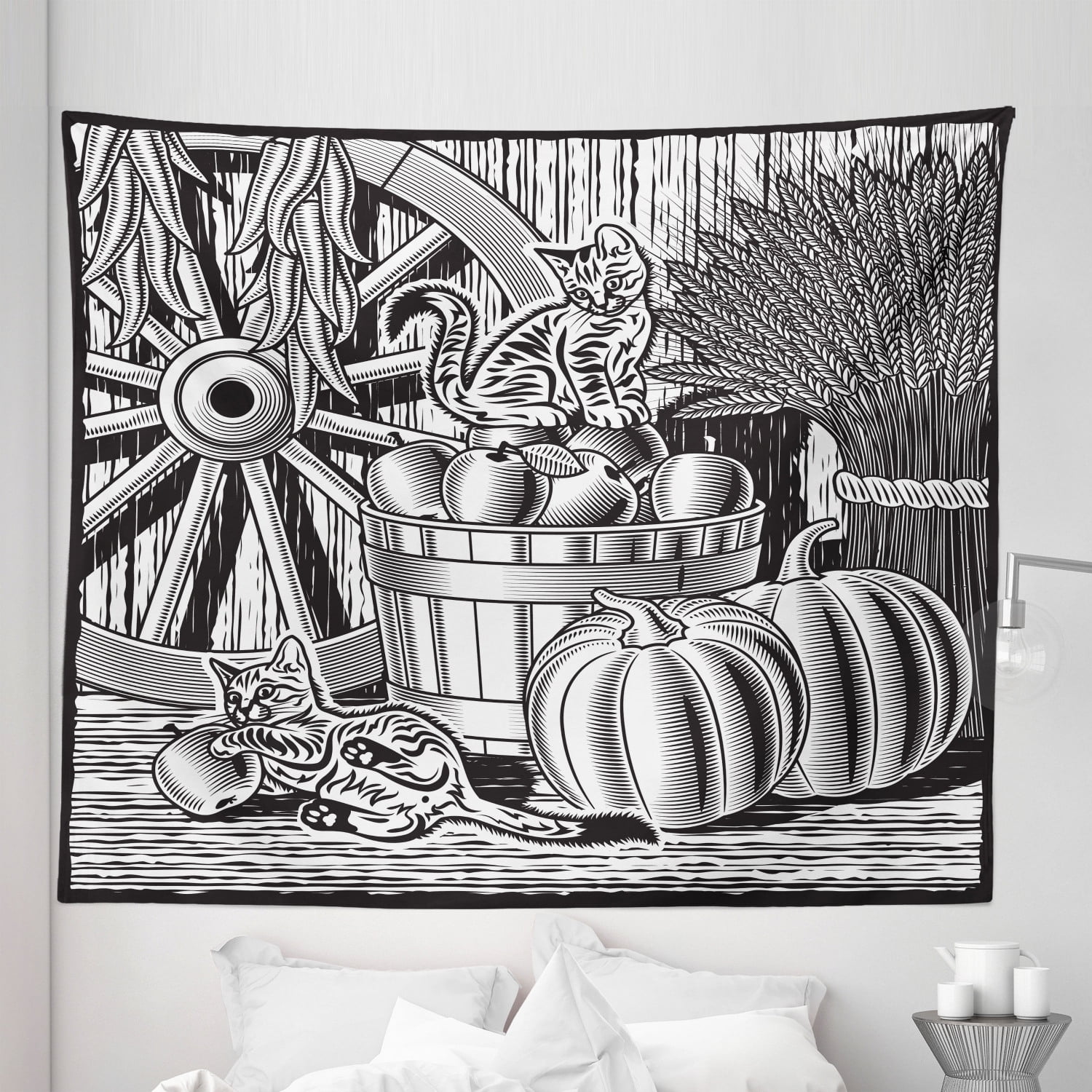Cat Tapestry, Kitten Playing with Apples and Pumpkin Wheat Autumn ...