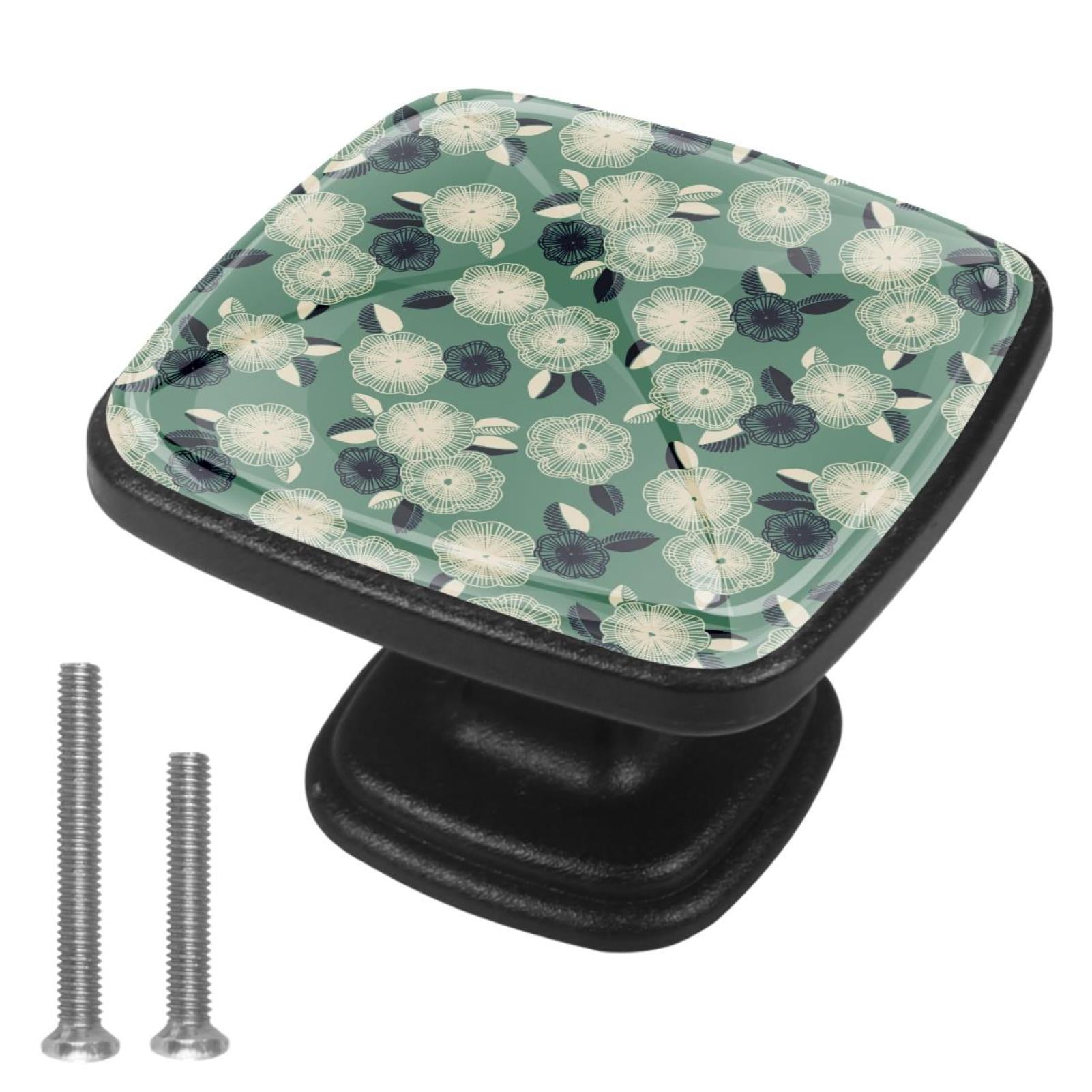 4 Pcs Cabinet Handle Drawer Pulls Floral Green Knobs with Screws Square ...