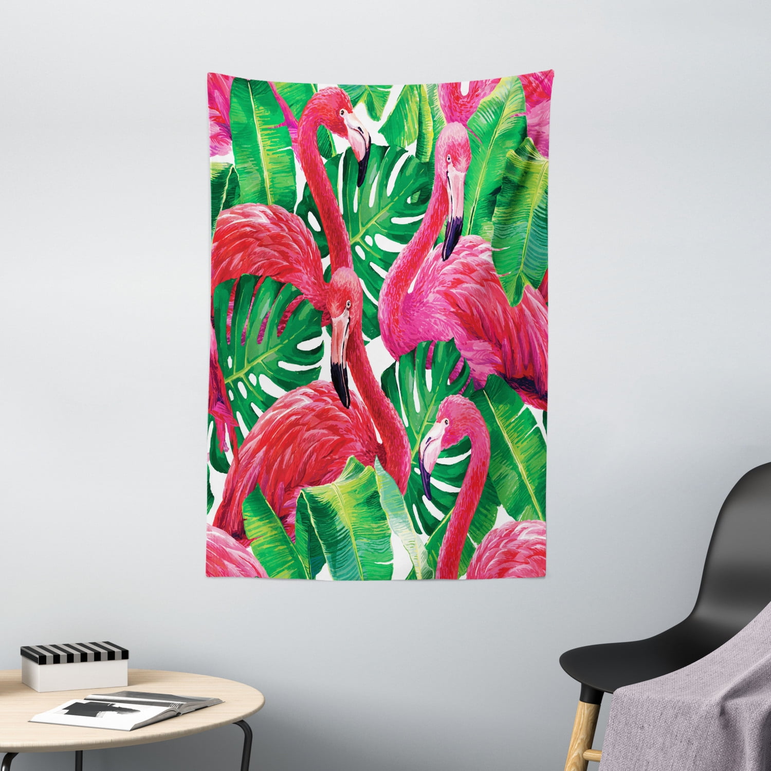 Flamingo Tapestry, Flamingos Sitting on Macro Tropic Exotic Leaves ...