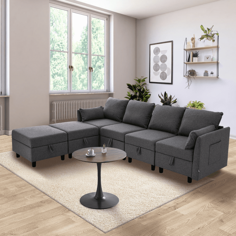 Funcid Modular Sofa and Couch Modular Sectional Sleeper Couch with Storage Oversized 6 Seat Convertible U Shaped Sectional Sofa for Home Living Room Dark Gray Linen Walmart