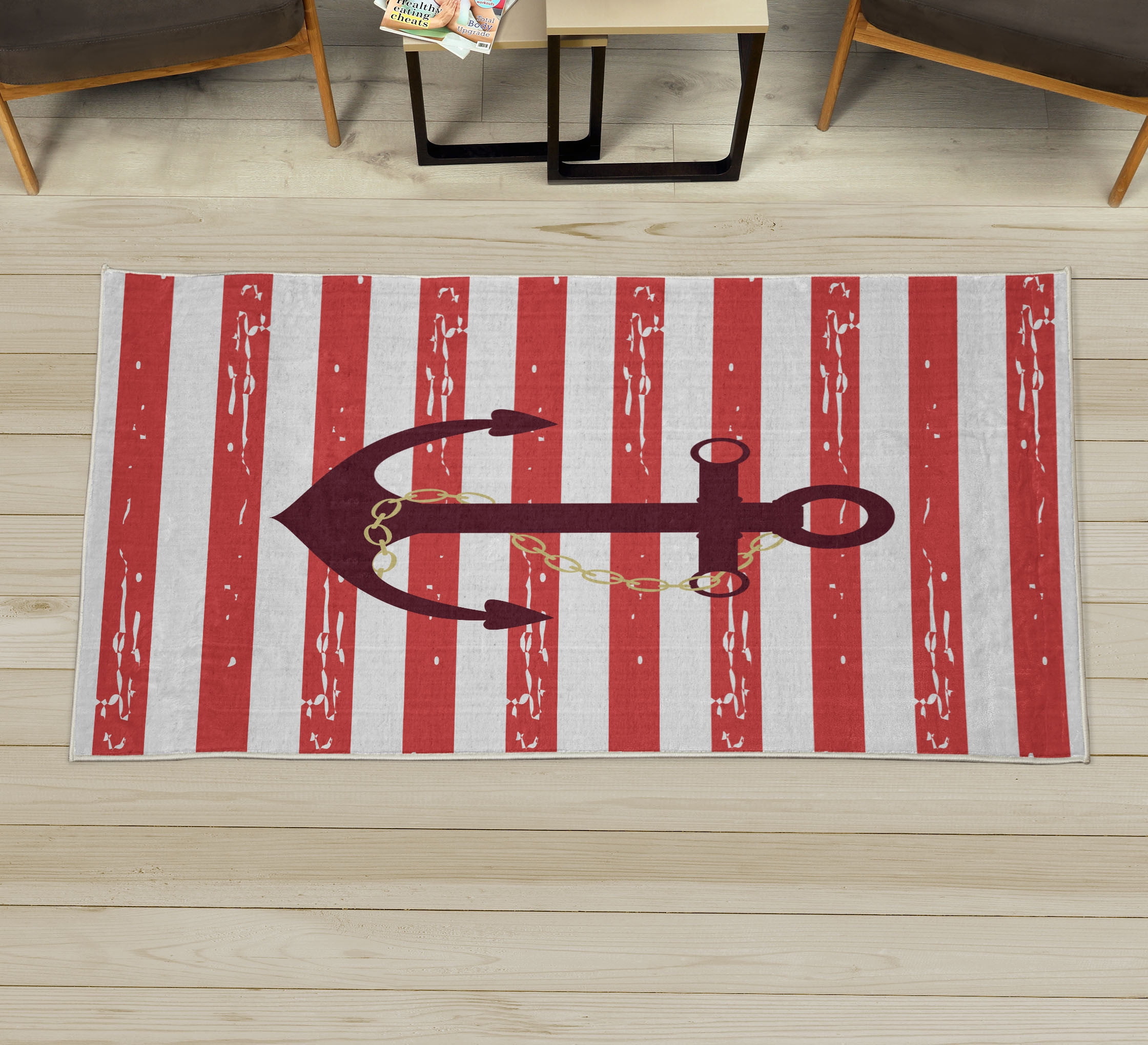 Striped Decorative Rug, Ship Anchor Chain Marine Life Inspired Lines ...