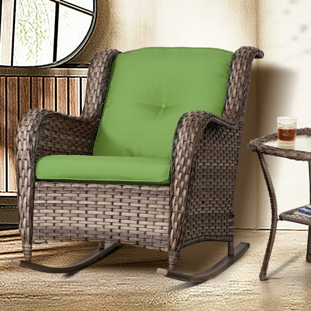 Meetleisure Hand-woven Wicker Outdoor Rocking Chair with Green Cushion ...