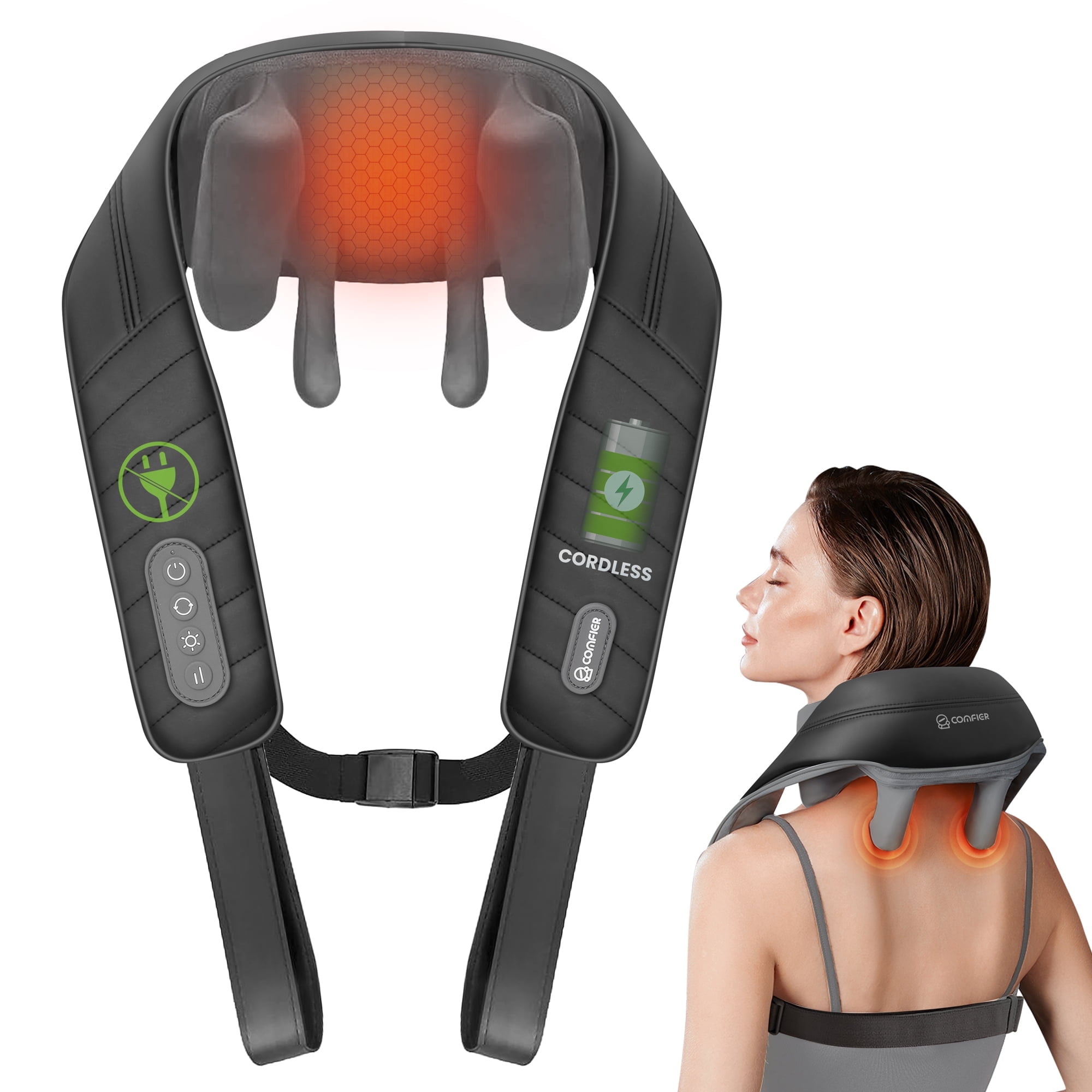 Rechargeable Neck Massager with Heat, Comfier 4D Cordless Kneading ...
