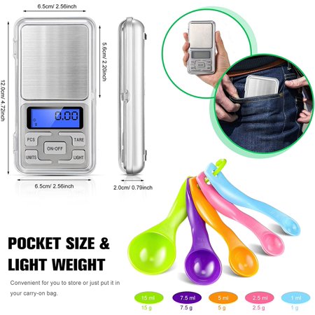Electronic Digital Pocket Scale with 5 Plastic Measuring Spoons Mini ...