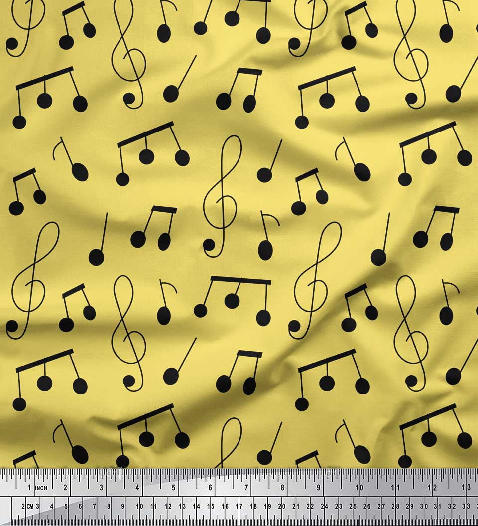 Soimoi Yellow Cotton Poplin Fabric Notes Musical Instrument Print ...