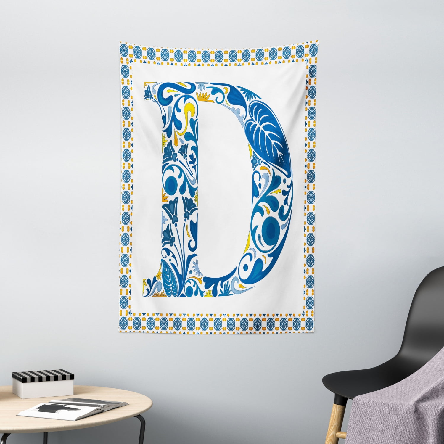 Letter D Tapestry, Vibrant Colored Swirls and Flower Elements in ...