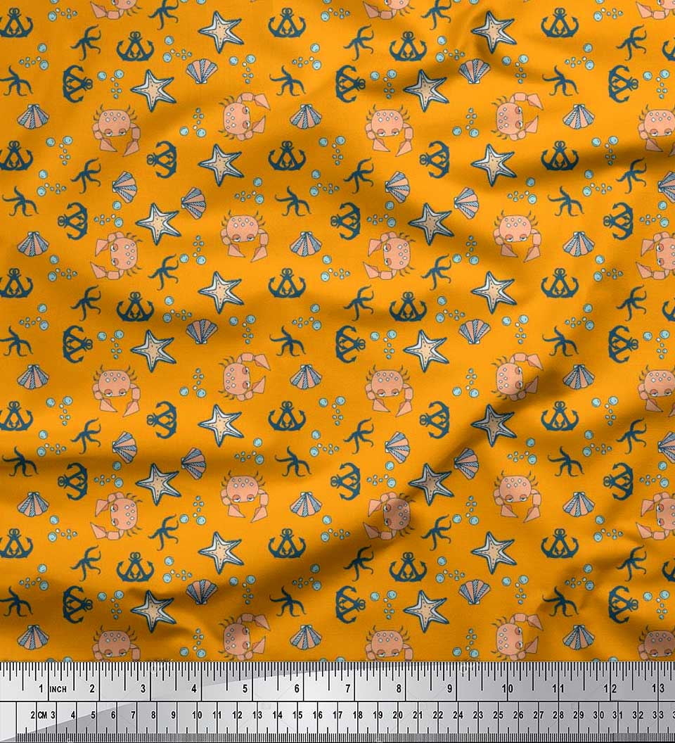 Soimoi Crepe Silk Fabric Anchor Hook,Crab & Starfish Ocean Print Fabric ...