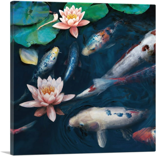 ARTCANVAS Red White Koi Carp Fish Pond Leaves Lotus Flower Canvas Art Print - Size: 18" x 18" (1 ...