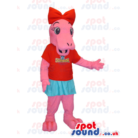 Pink Rhinoceros Girl Plush SPOTSOUND Mascot Wearing T-Shirt With A Logo ...