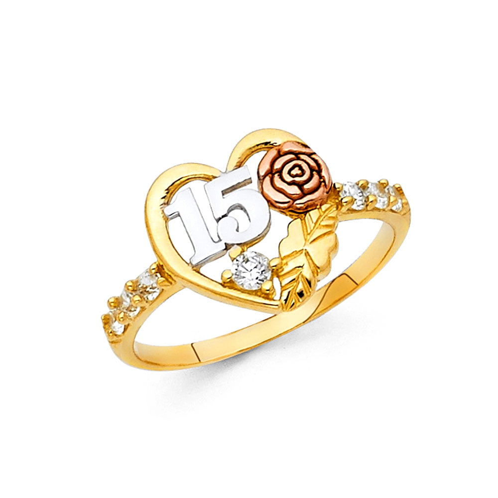 Quince 15 Ring Heart Solid 14k Yellow White Rose Gold Quinceanera Band ...